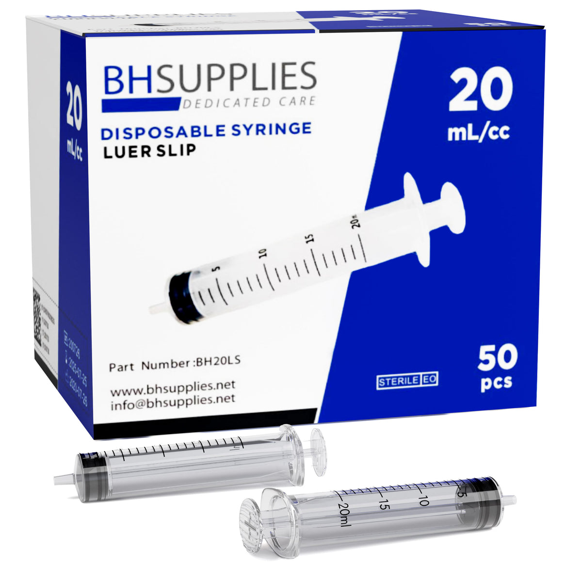 Bulk Case: BH Supplies 20mL Sterile Luer Slip Syringes: 12 Boxes of 50 (600pcs)