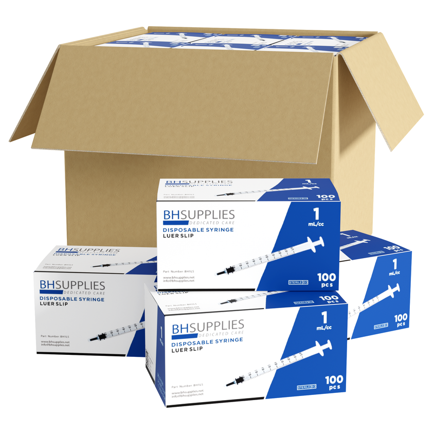 Bulk Case: BH Supplies 1mL Sterile Luer Slip Syringes: 24 Boxes of 100 (2400pcs)