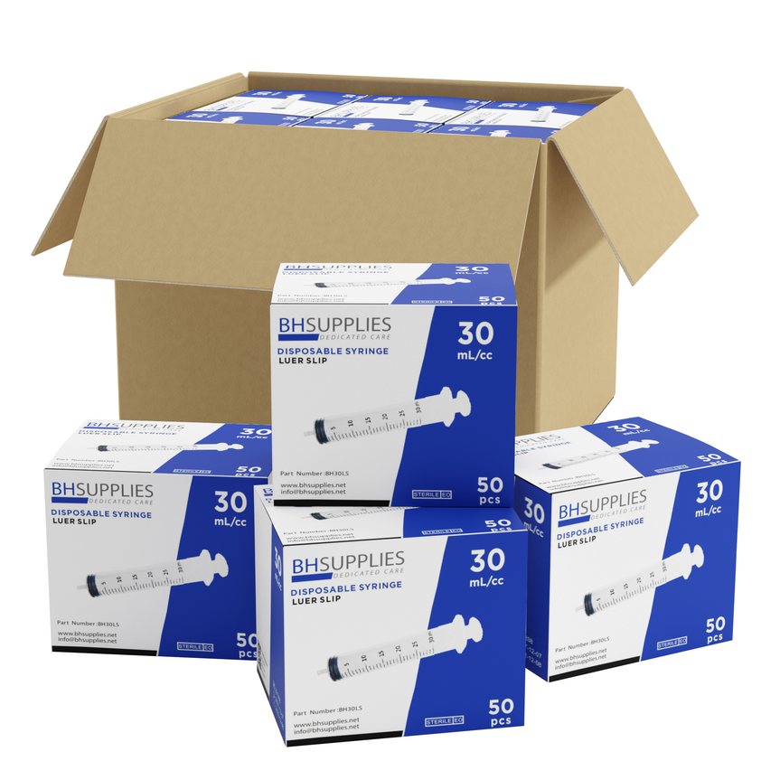 Bulk Case: BH Supplies 30mL Sterile Luer Slip Syringes: 12 Boxes of 50 (600pcs)