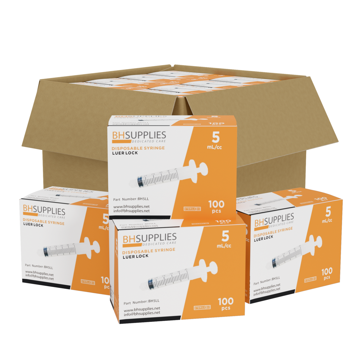 BH Supplies Sterile Syringes - 5mL Luer Lock, Case of 16x100