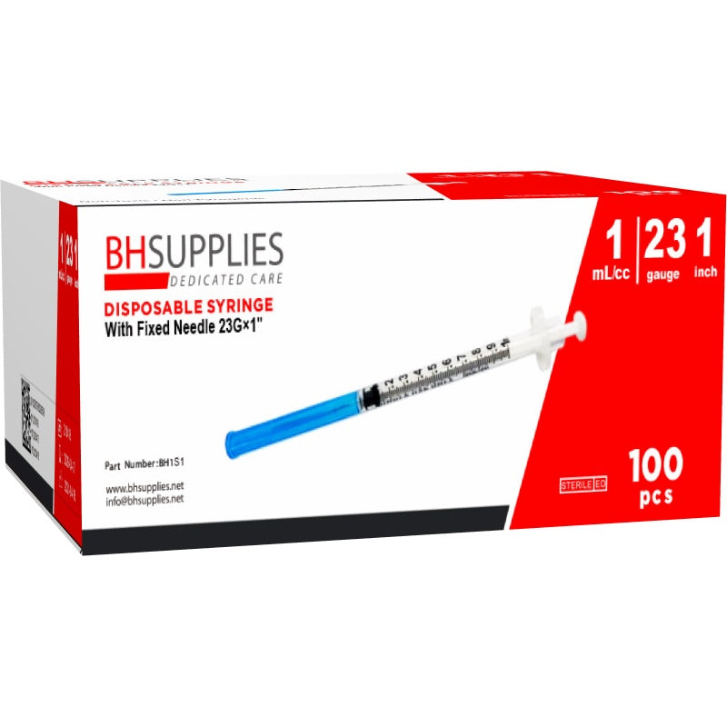 BH Supplies: 1ml Disposable Syringe with Fixed Needle 23G x 1" | 30 Bo