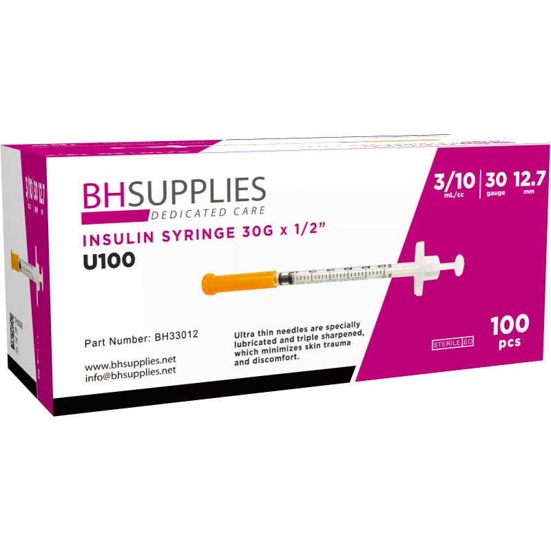 Bulk Case: Insulin Syringes 30G 0.3ml/cc 1/2" (12.7mm), 20 Boxes of 10 ...